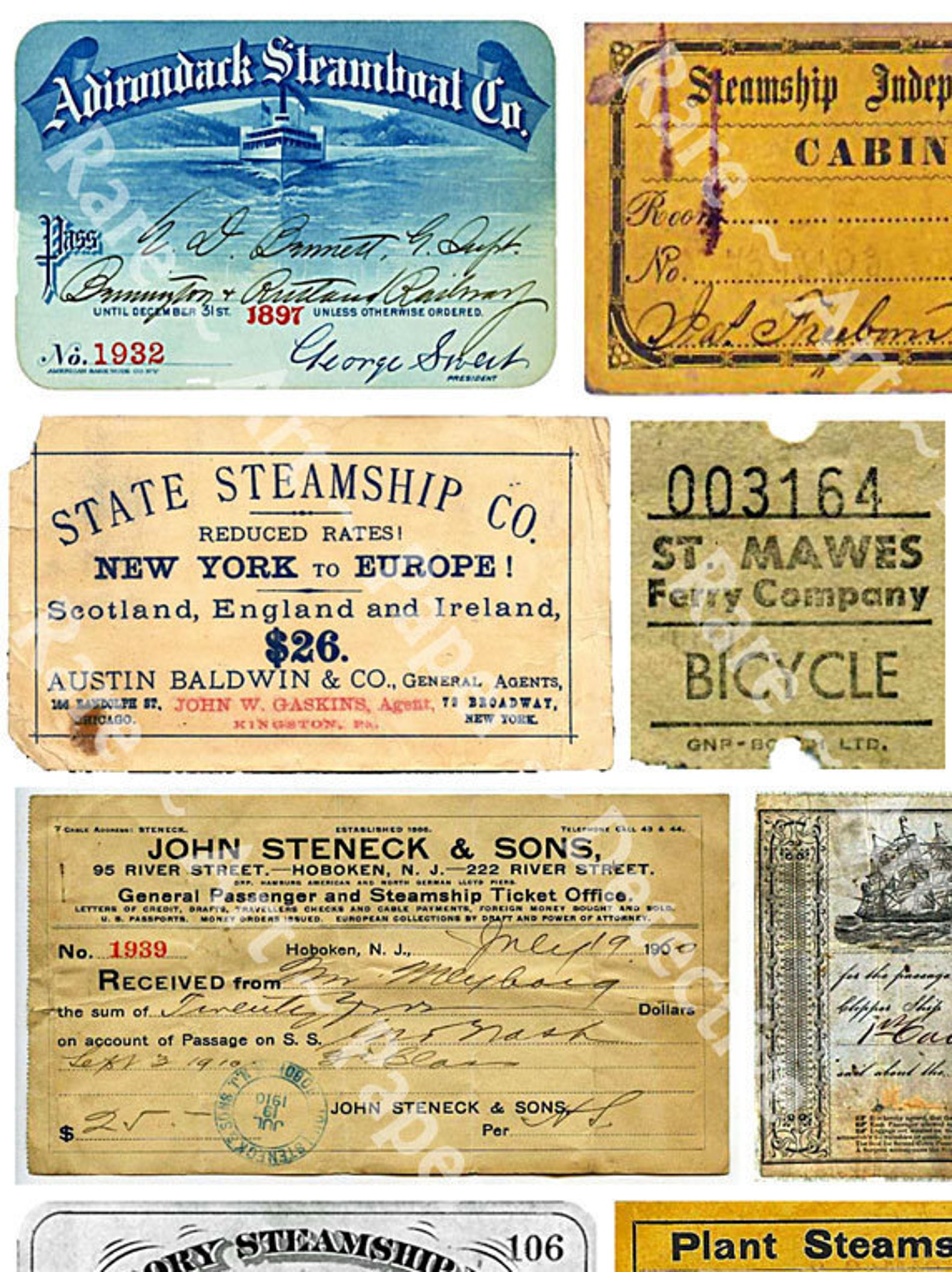 Steamship and Ferry Ticket Stub, Steamboat Tickets, Transportation Tag ...