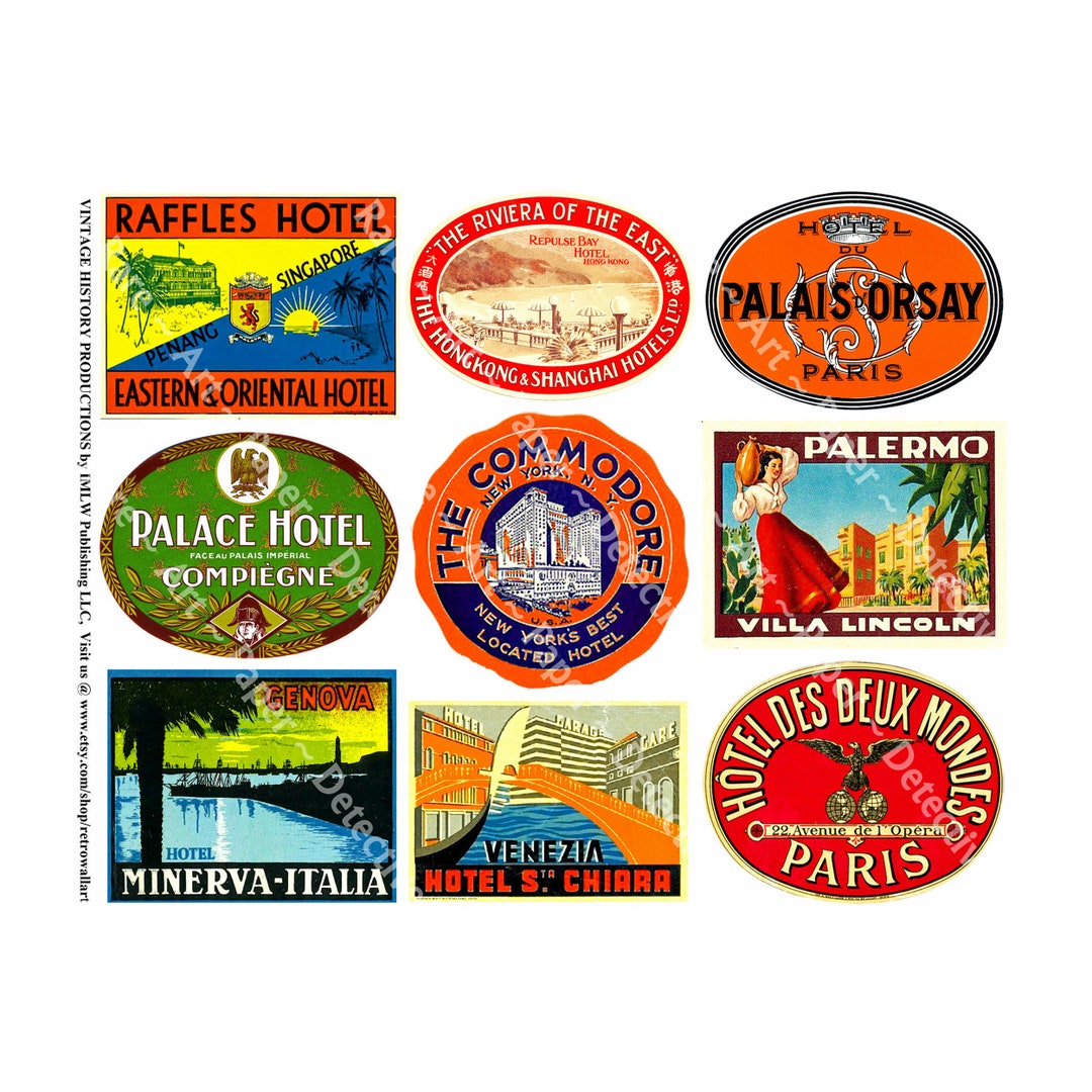 54 Suitcase Labels, 5 Digital Downloads, Vintage Label Art, Hotel ...