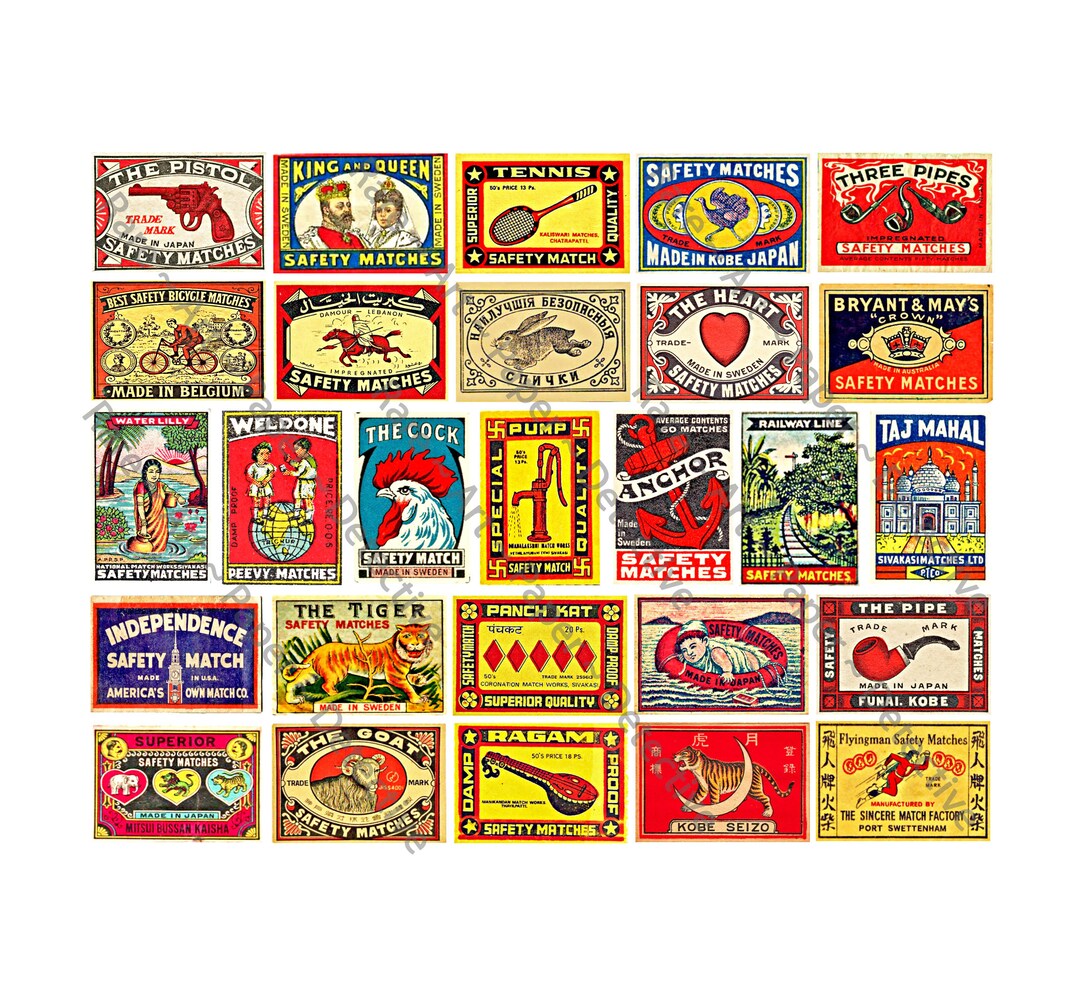 Antique Matchbox Labels on 1 Digital Sheet, Authentic Sizes, 2" X 1 3/8 ...