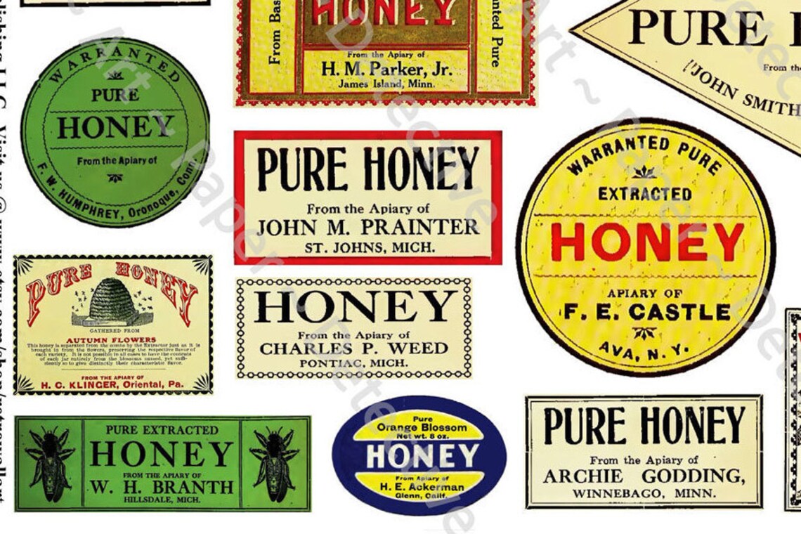 Kitchen Honey Labels, 22 Antique Illustrations on 1 Digital Download ...