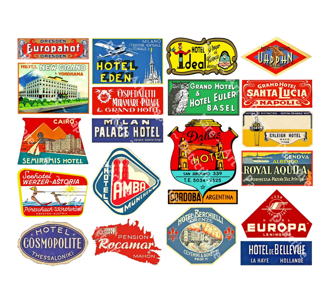 Travel Luggage Label Graphics Set, 20 Pcs Hotel Baggage Tags, Travel ...