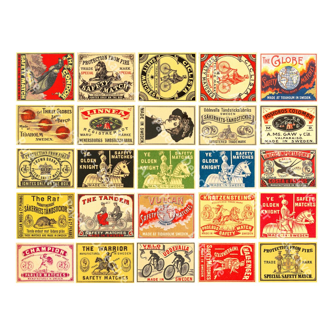 Antique Safety Match Box Label Images, Authentic Sizes, 2" Wide Each ...