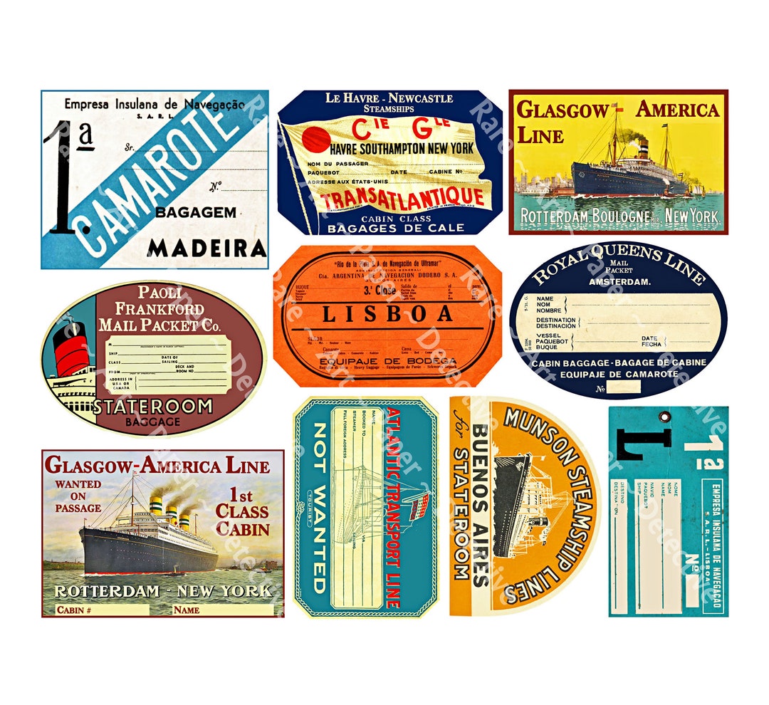 Steamer Trunk Labels, DIGITAL DOWNLOAD Steamship Baggage Tags for ...