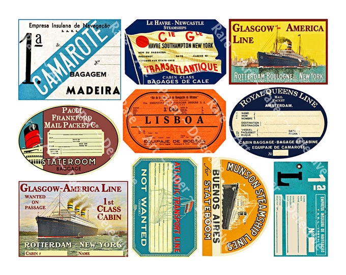 Steamship Trunk Labels, 13 Baggage Tags for Travel Trunks, Suitcases ...