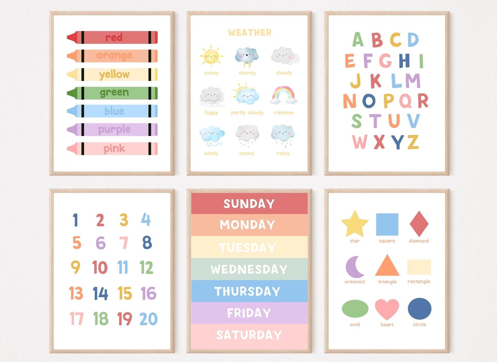 Set of Six Educational Prints, Shapes, Colors, Days of the Week ...