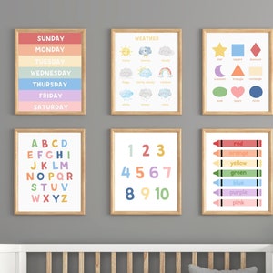 Set of Six Educational Prints, Shapes, Colors, Days of the Week ...