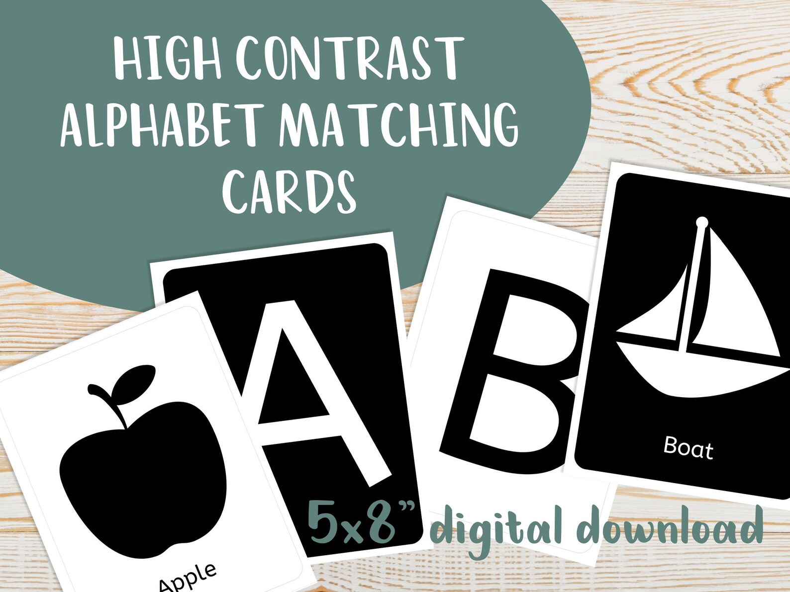 Black and White Sensory Cards, Alphabet Matching, High Contrast, Infant ...