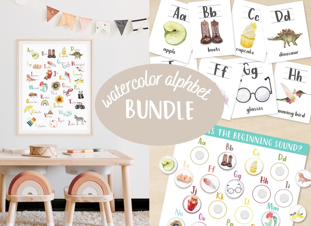 Watercolor Alphabet Bundle, Flashcards, Poster, Beginning Sounds ...