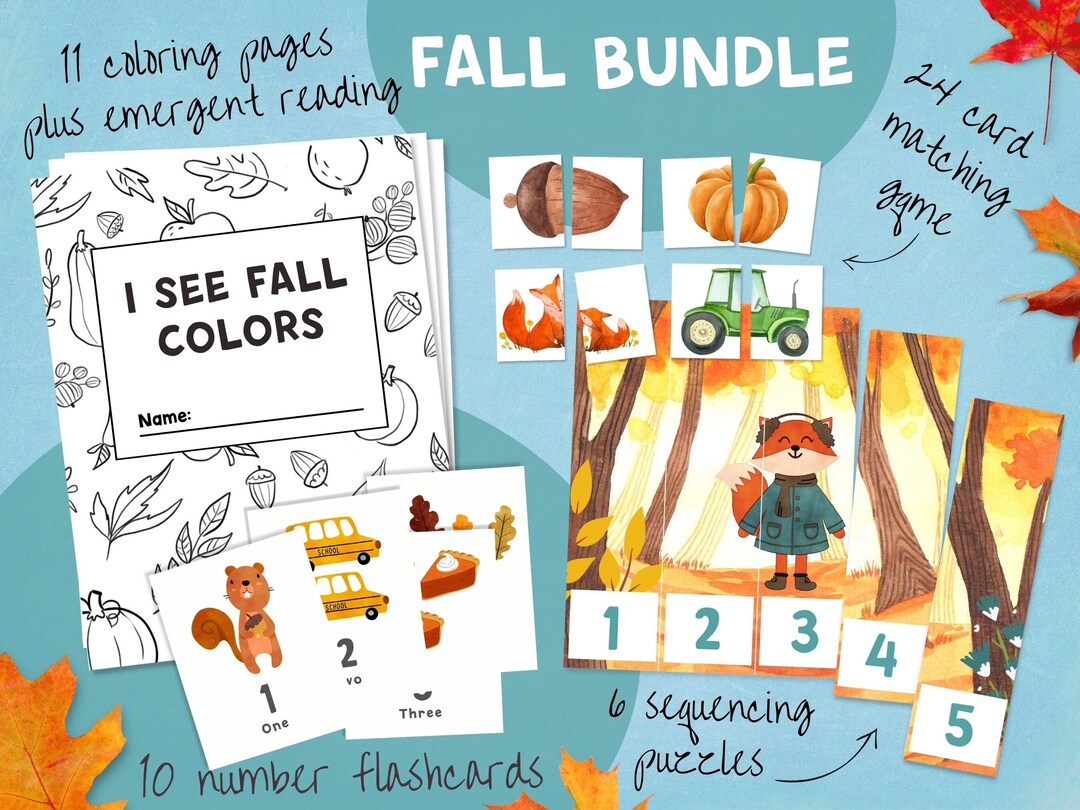Watercolor Fall Bundle, Preschool, Coloring Pages, Matching Game ...