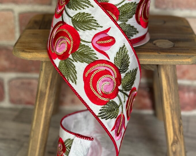 Raz Red Pink Embroidered Rose Ribbon , 4 Inch Ribbon, Luxury Ribbon ...