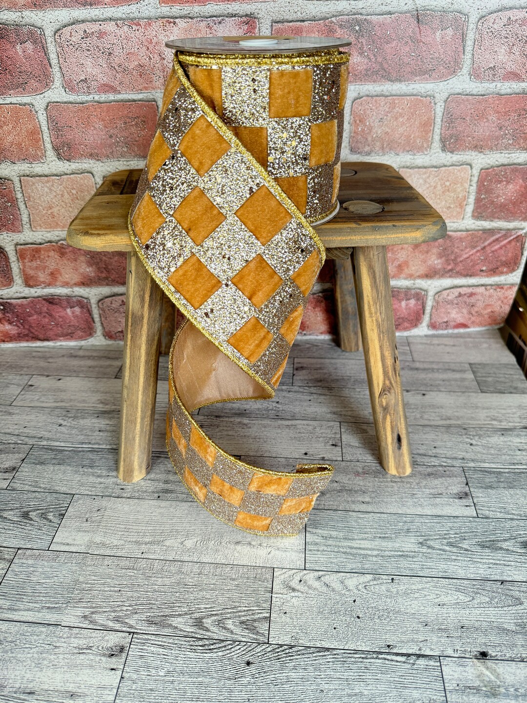 Gold Velvet Glitter Check Ribbon, 4 Inch Ribbon, Luxury Ribbon ...