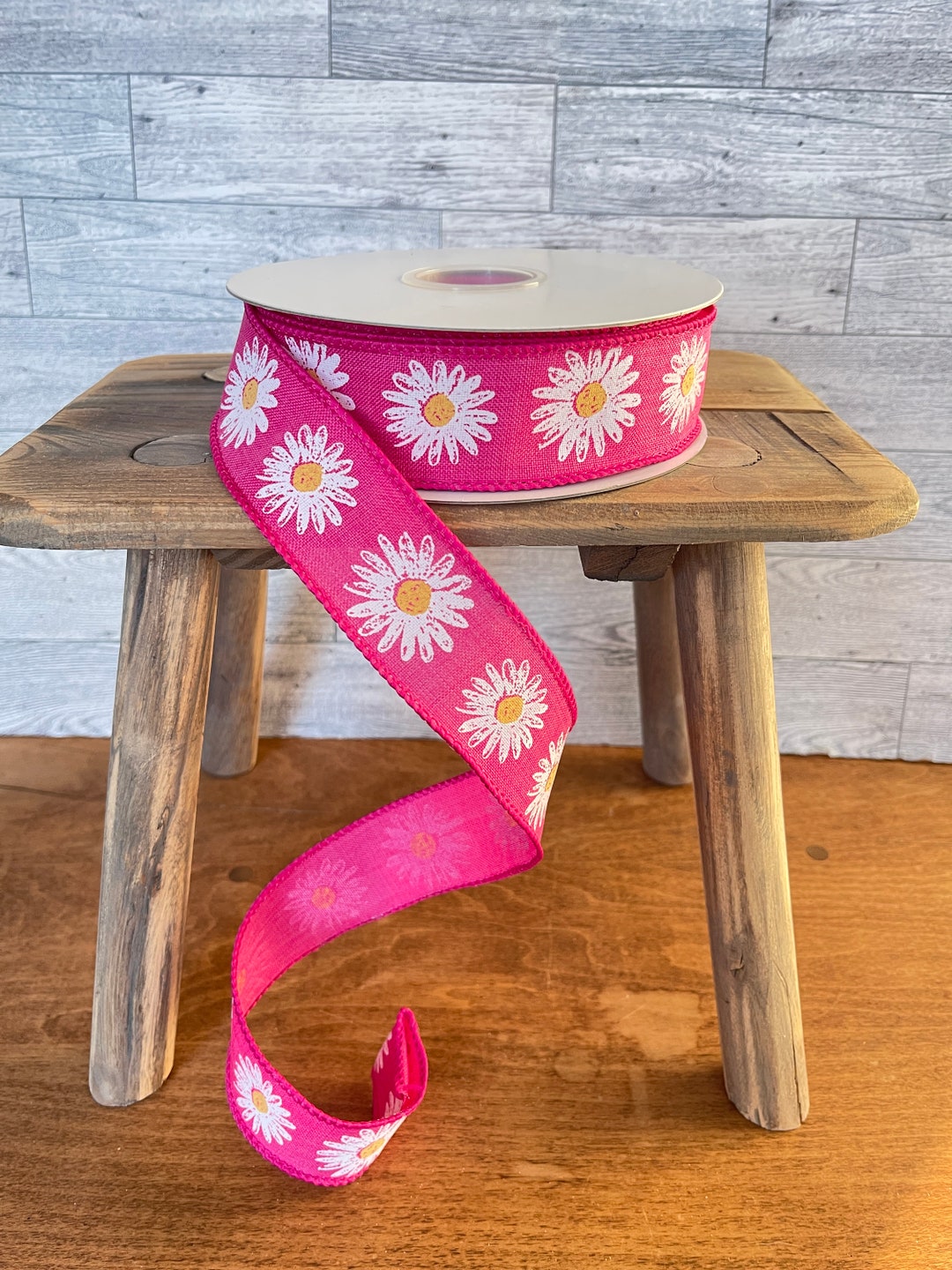 Hot Pink White Daisy Flower Ribbon, Faux Embroidery Daisy Ribbon, Wired ...