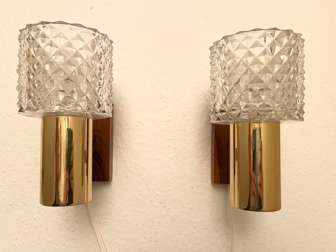 Carl Fagerlund Orrefors Glass Sconce Set, Very Rare Set of Teak, Brass ...