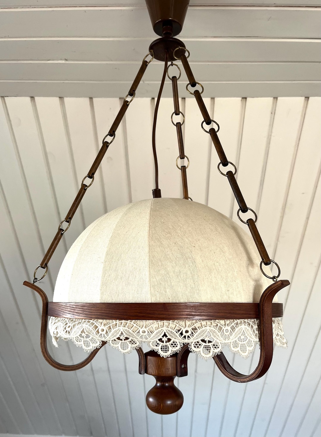 Swedish Pine and Fabric Lamp, Large Ceiling Lamp in Tainted Pine Wood ...