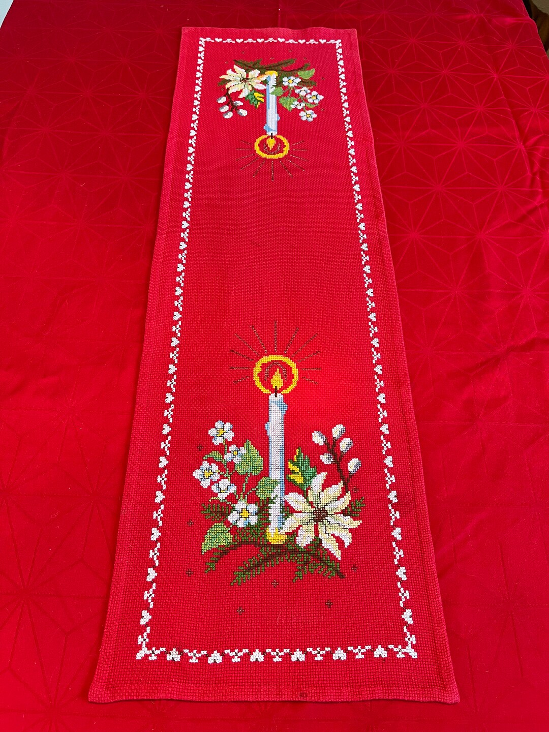 Danish Christmas Table Runner, Vintage Hand Embroidered Table Runner ...
