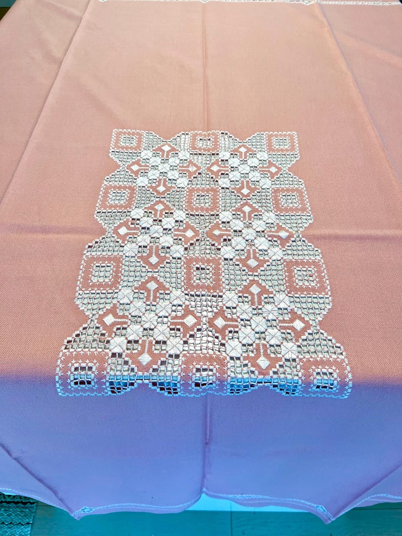 Danish Vintage Tablecloth Pink Cotton Hardanger Embroidery Handmade