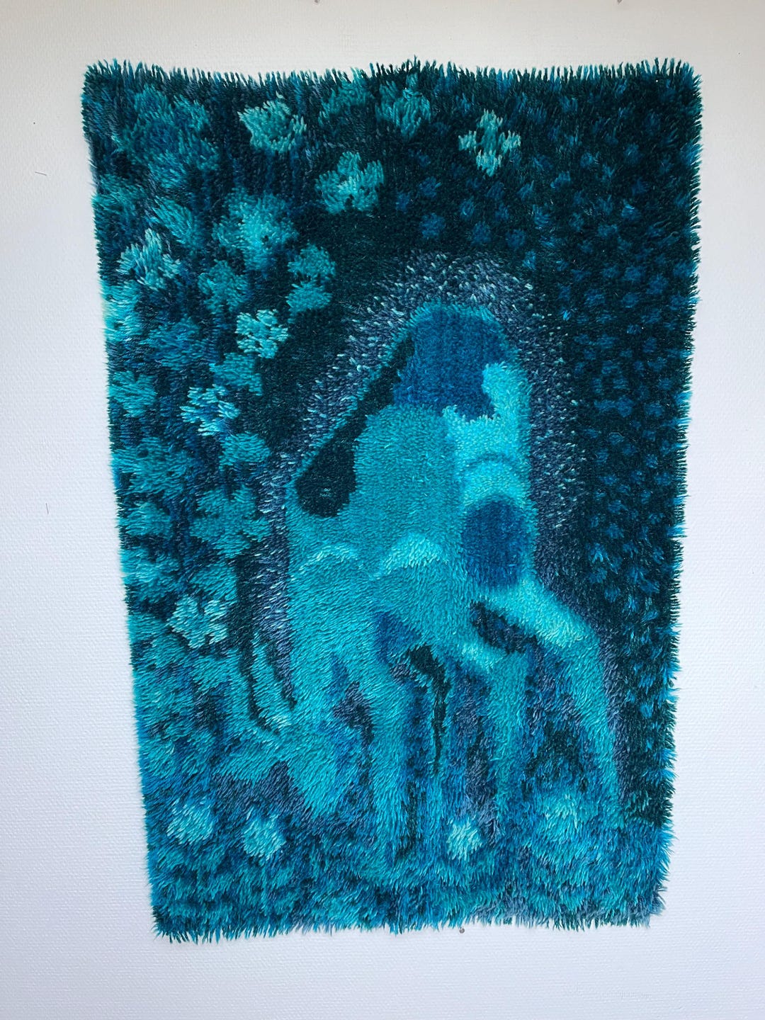 Danish Rya Rug/ Tapestry 100% Wool, "bambi" Motif, Blue and Green ...