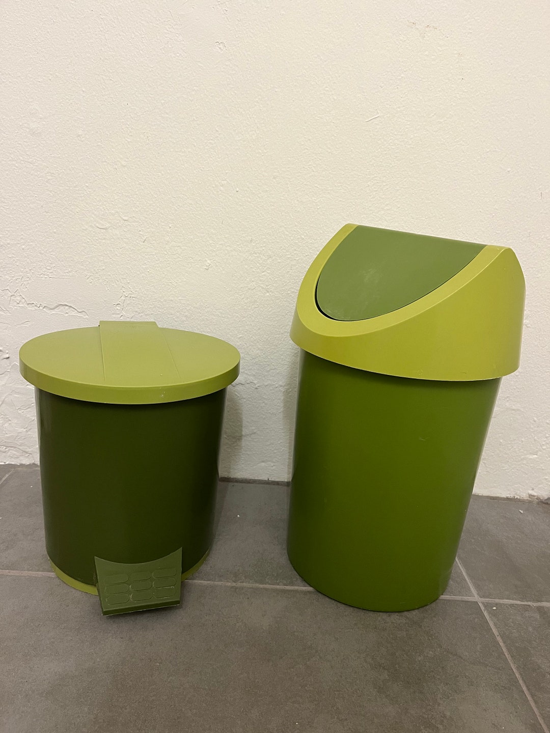 Vintage Bin, Set of Two Different Green Plastic Waste Bins, From the ...