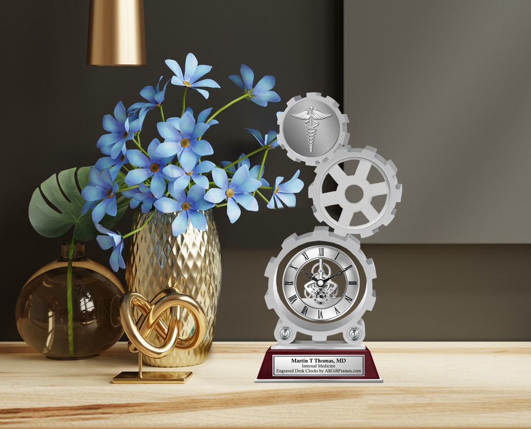 Medical Caduceus Triple Gear Shape Engrave Clock Award Congratulation ...