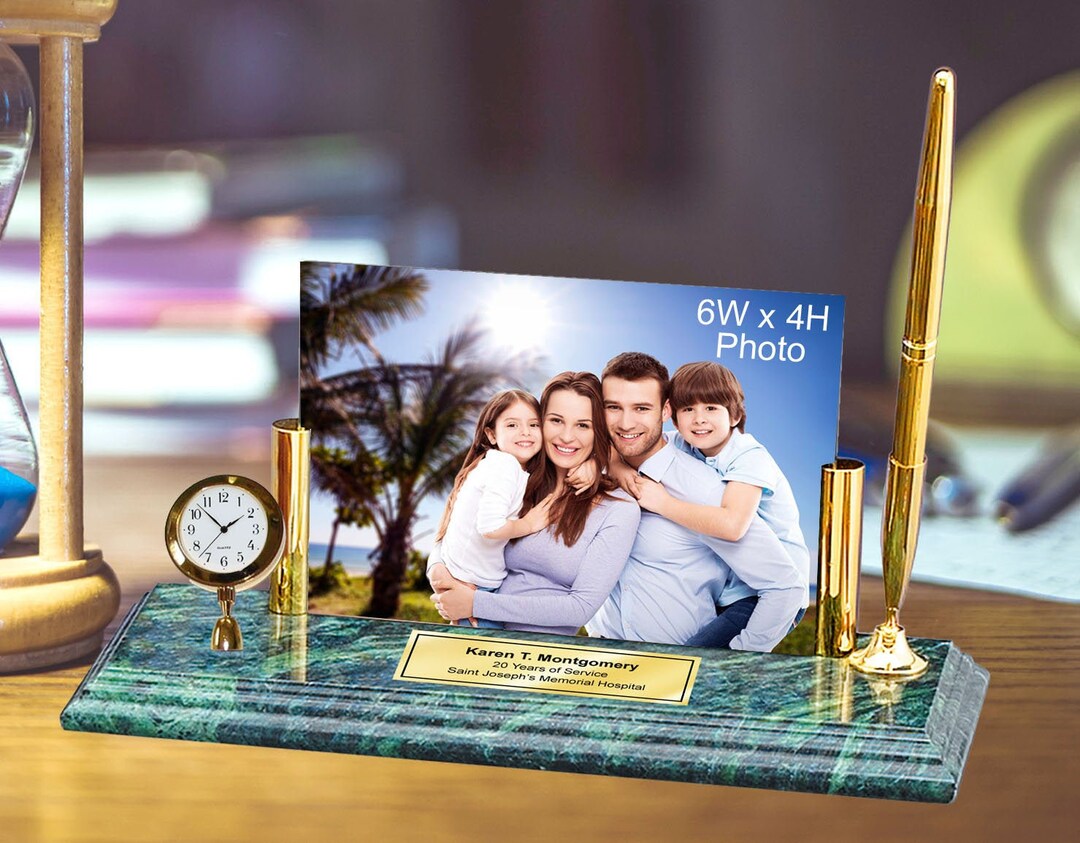 Marble Desk Clock Photo Frame 4x6 Picture Frame Pen Plaque Table ...
