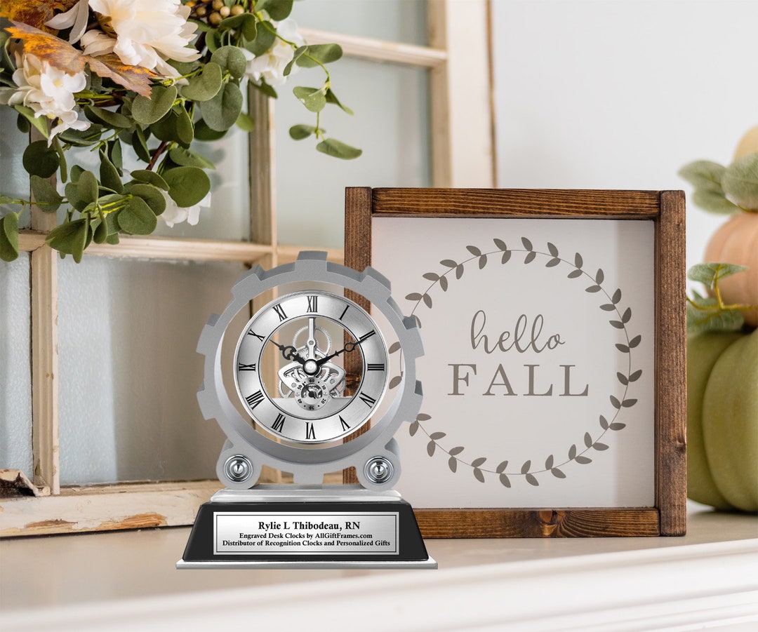 Engraved Metal Desk Gear Shape Clock Personalized Black Wood Pedestal ...
