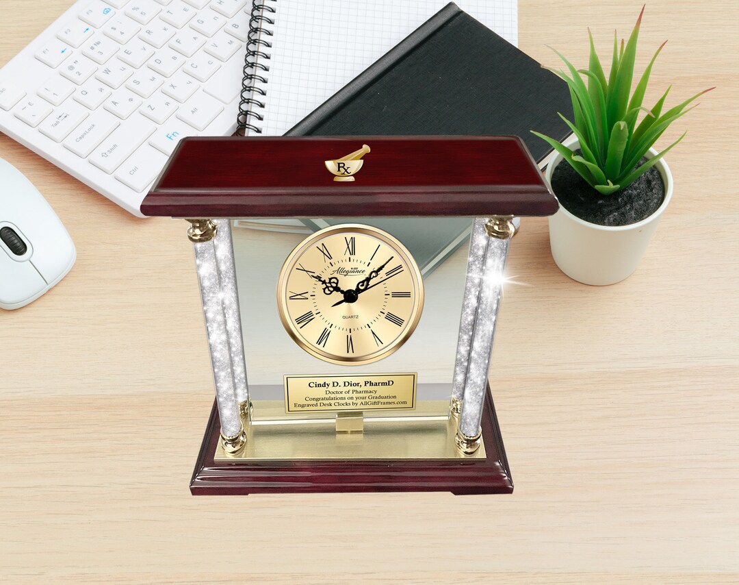 Pharmd Quad Column Diamond Clock Swivel Rx Logo Gold Engrave Clock ...
