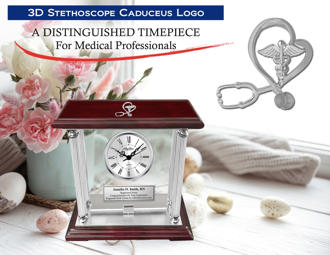 Personalized Silver Pivoting Glass Column Desk Clock With Nurse Medical ...