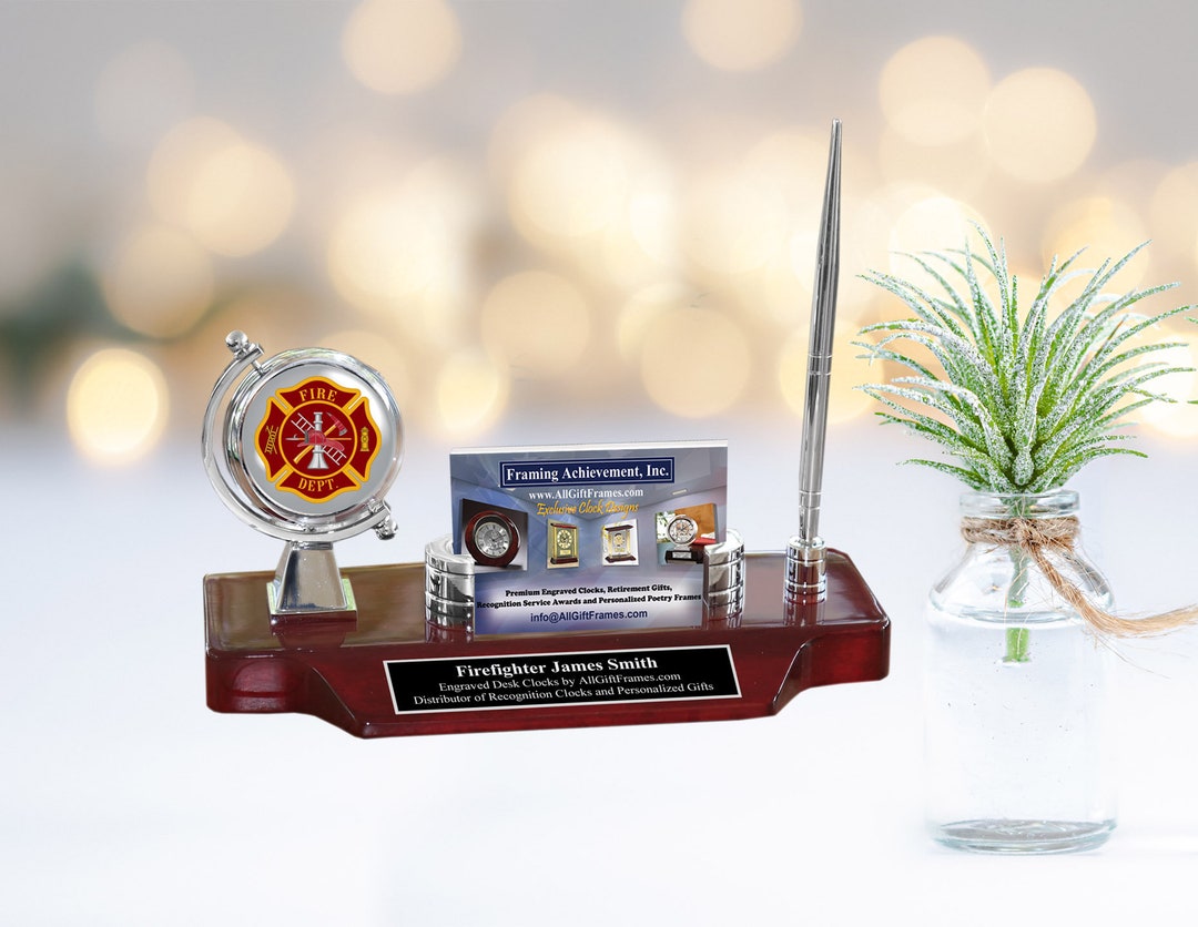 Custom Firefighter Logo Engrave Desk Clock Name Plate Pen Engraving ...