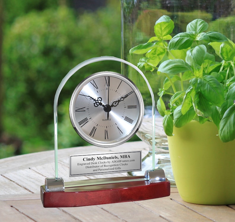Personalized Desk Clock Round Arch Glass on Wood Base Metal - Etsy