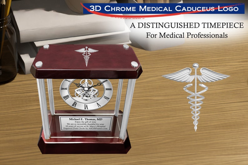 Medical Caduceus Logo Silver Glass Chrome Clock Gift for Doctor ...