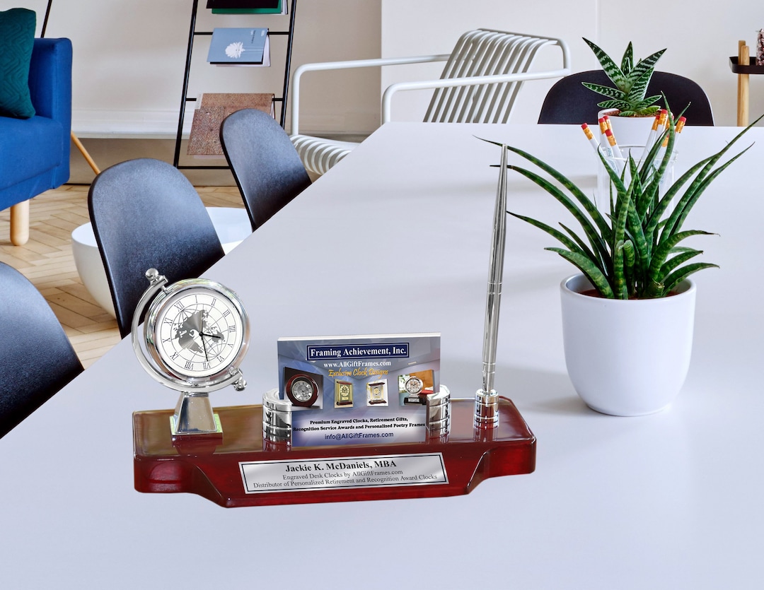 Business Card Holder Clock Corporate Logo Personalized Engrave Silver ...