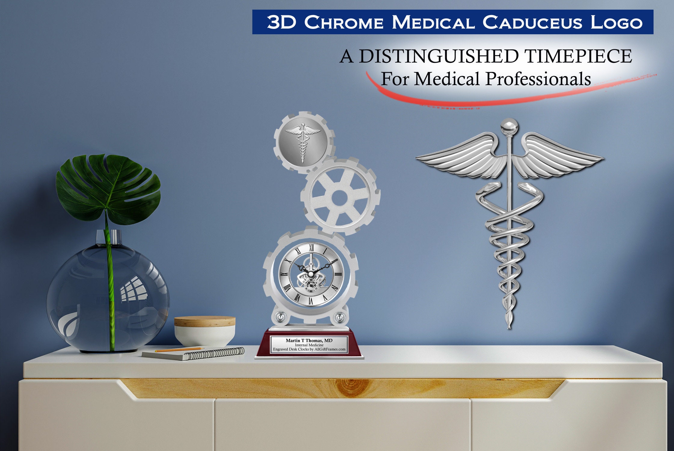Medical Caduceus Triple Gear Shape Engrave Clock Award Congratulation ...