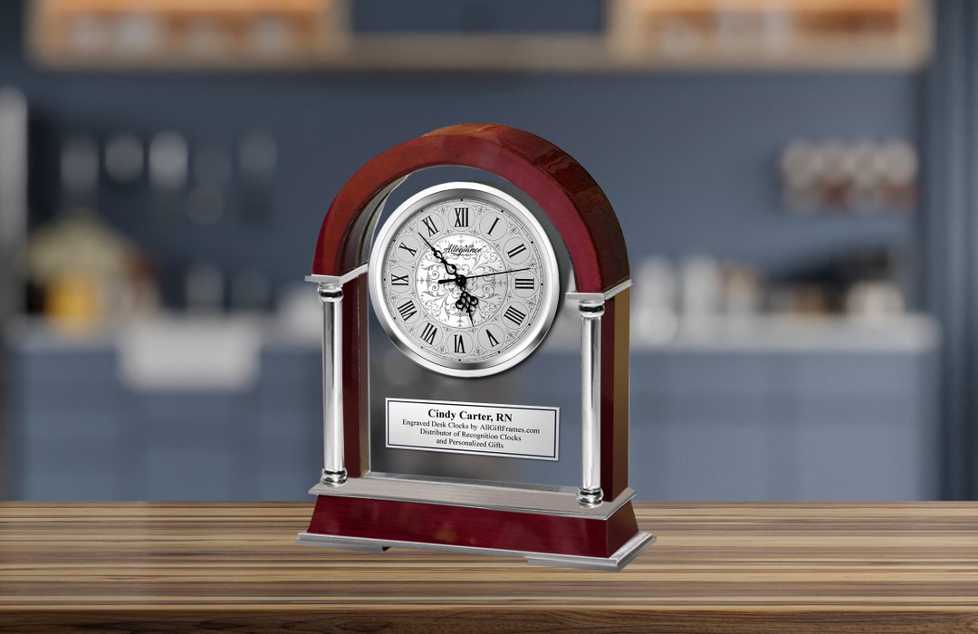 Engrave Mantel Arch Wood Desk Personalized Clock Silver Engraving ...