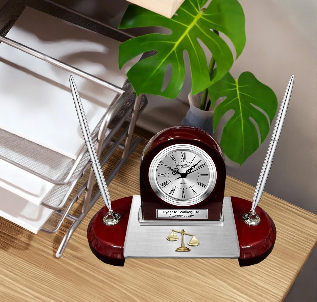 Custom Attorney Engraved Desk Clock Silver Pen Set Lawyer Legal Scale ...