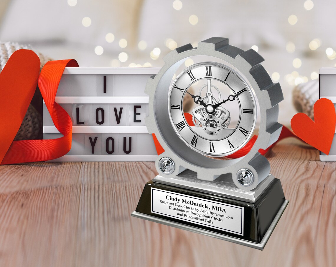 Engraved Metal Desk Gear Shape Clock Personalized Black Wood Pedestal ...