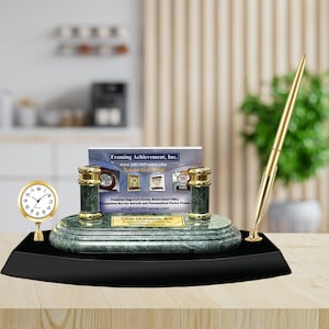 Executive Desk Pen Set Engraved Clock Premium Marble Brass Personalized ...
