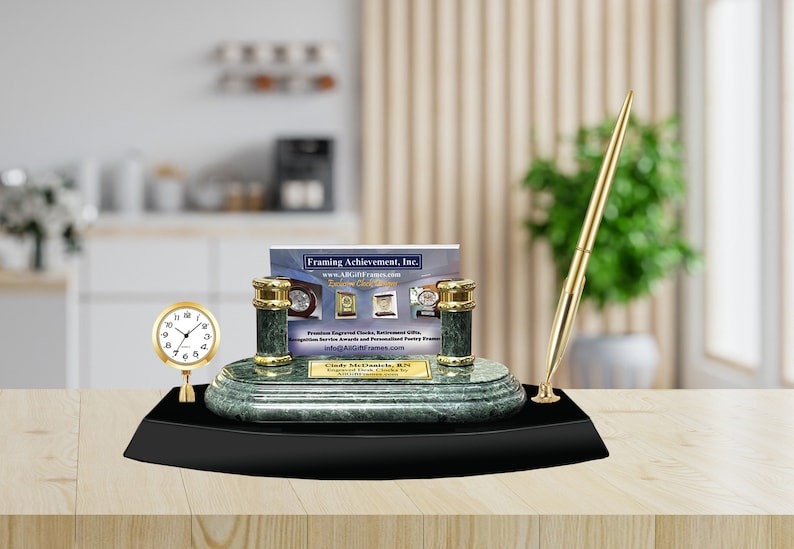 Executive Desk Pen Set Engraved Clock Premium Marble Brass Personalized ...