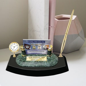 Executive Desk Pen Set Engraved Clock Premium Marble Brass Personalized ...