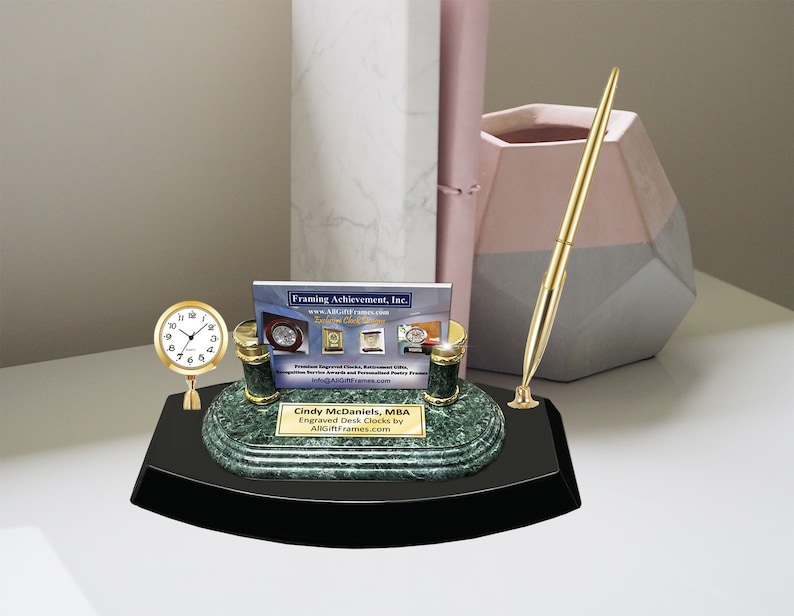 Executive Desk Pen Set Engraved Clock Premium Marble Brass Personalized ...