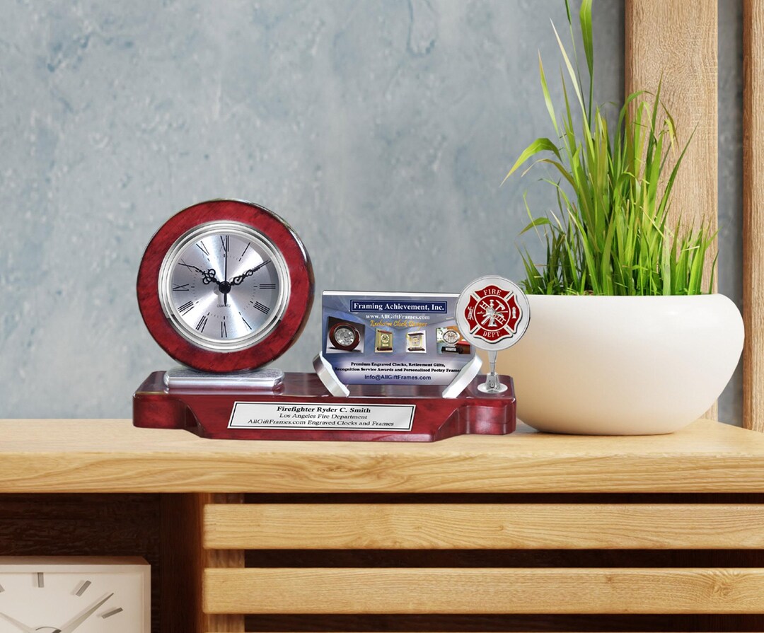 Fireman Etch Nameplate Engrave Desk Clock Fire Fighter Congratulation ...