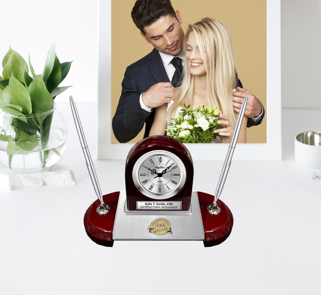 Custom CPA Engraved Desk Clock Silver Pen Set Certified Public ...