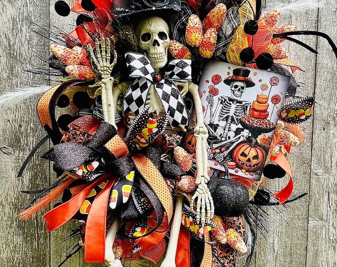 Spooky Skeleton Wreath, Gothic Decor, Candy Corn Halloween Wreath ...