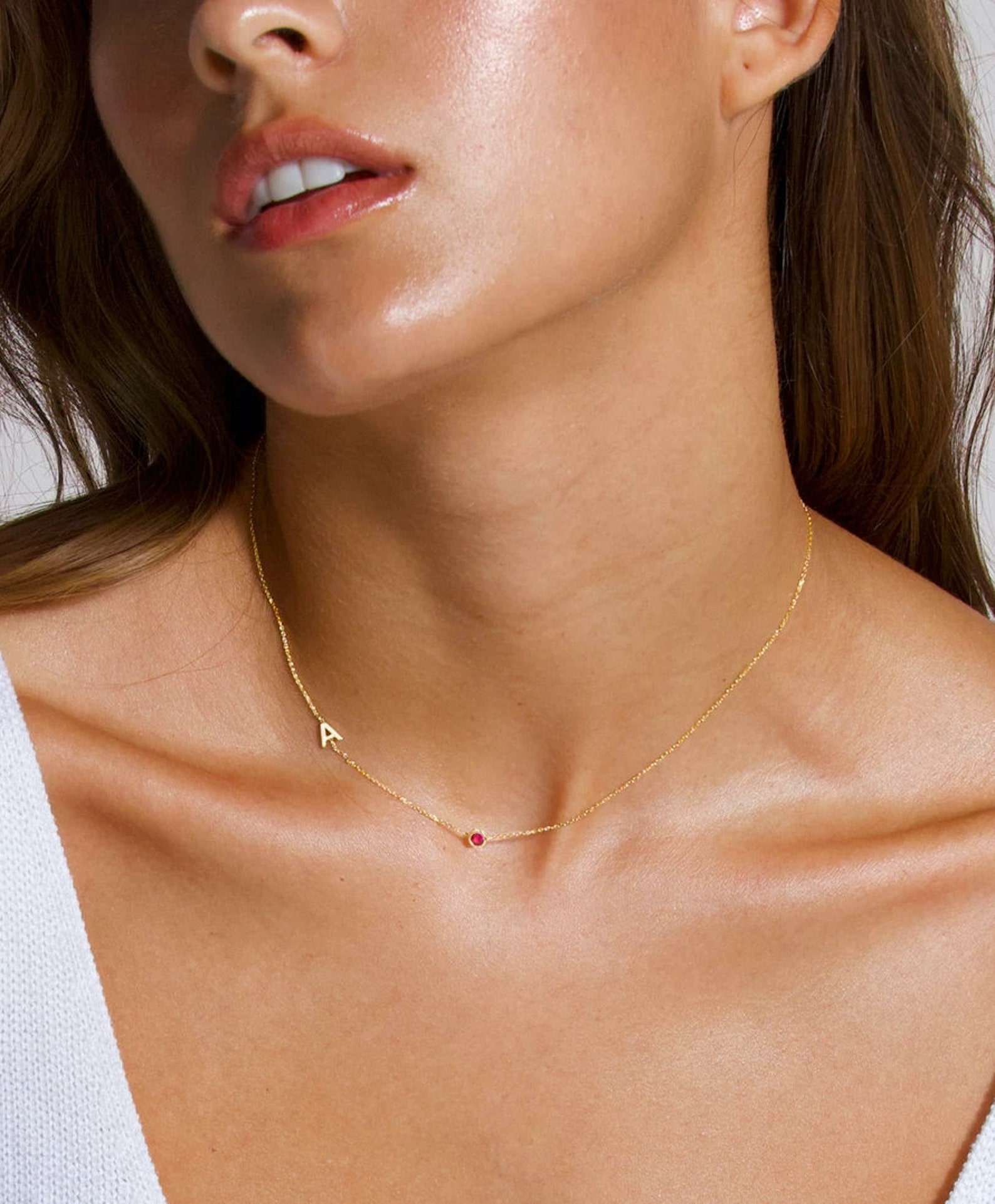 Personalized Sideways Initial Birthstone Necklace, Birthday Gift for ...