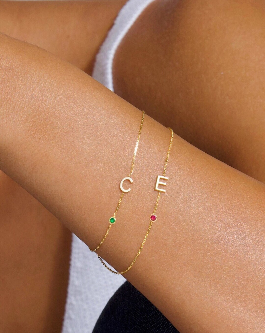 Personalized Tiny Letter Birthstone Bracelet, Letter Bracelet With ...