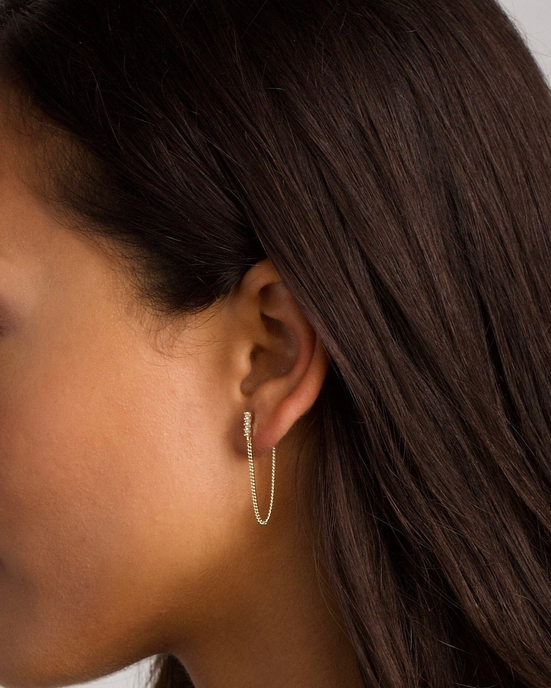 14K Gold Chain Drop Earring, Hanging Earring, Gold Diamond Bar Drop ...