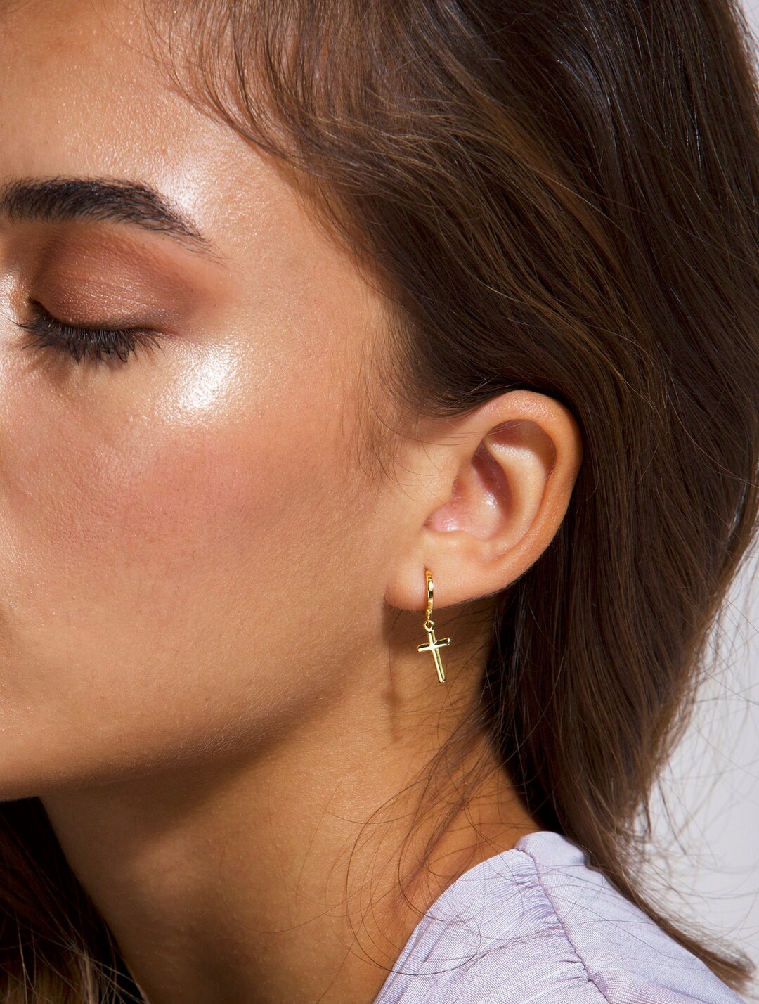 Cross Huggie Hoops, Cross Earrings, Cross Hoop Earrings, Hoop With ...