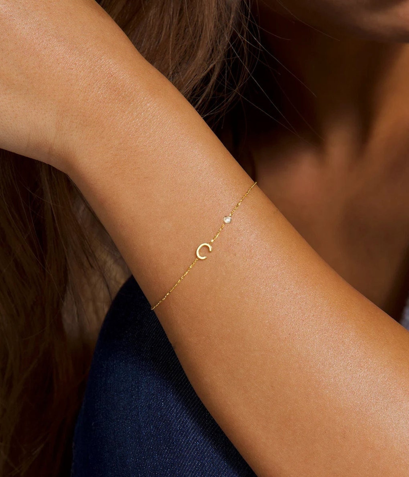 14k Solid Gold Diamond Bracelet, Initial Bracelet, Custom Letter Bracelet, Personalized Initial ...