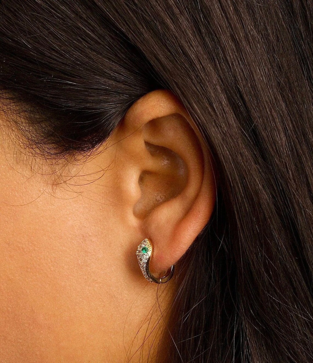 Diamond Snake Earring Huggies, 14k Gold Filled Diamond Emerald Hoop ...