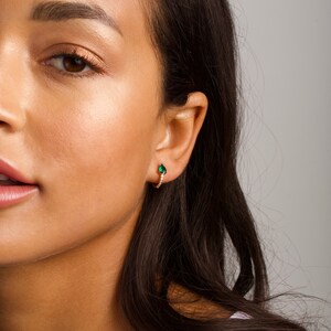 Emerald Charm Huggies, Emerald Paved Hoop Earrings, Emerald Huggies, CZ ...
