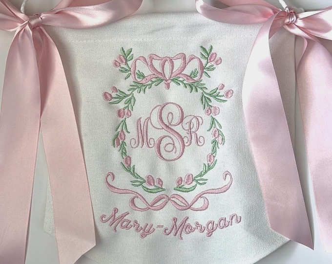 Custom Embroidered Baby Girl Monogram Banner: Green & Pink Nursery ...